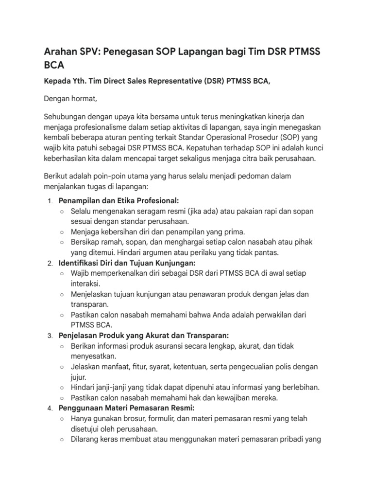 SOP Penting untuk Tim DSR BCA | PDF