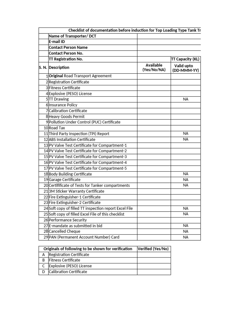 Tank Truck Induction Documentation Checklist | PDF