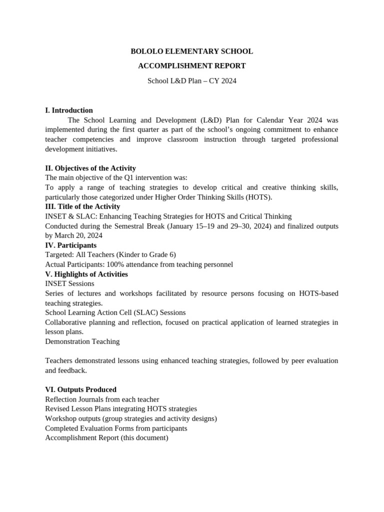 Bololo Elementary School L&D Report 2024 | PDF | Teachers | Lesson Plan
