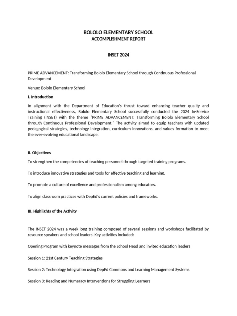 Accomplishment INSET 2024 | PDF