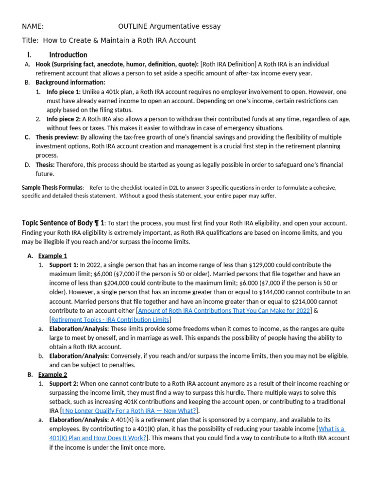 Essay #1 Process Analysis Outline Example | PDF | Individual Retirement ...
