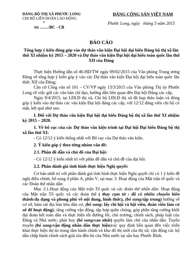 Bao Cao Tong Hop y Kien Gop y Van Kien Dai Hoi Dang Cac Cap-Ldld | PDF