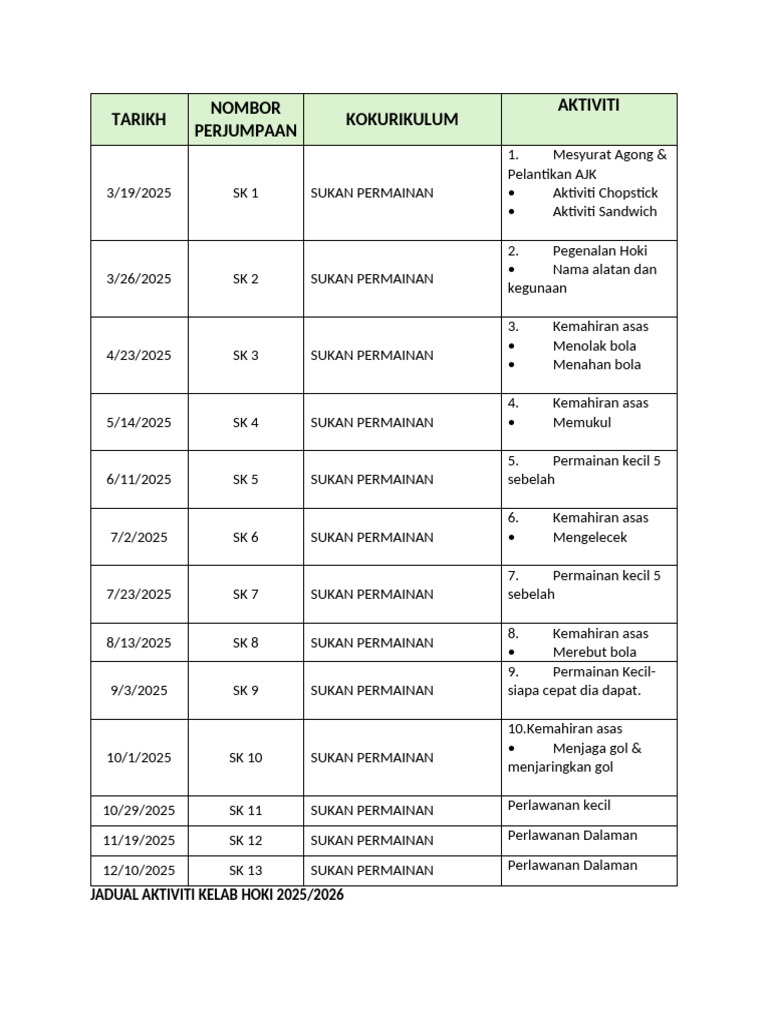 Jadual Aktiviti Kelab Hoki | PDF