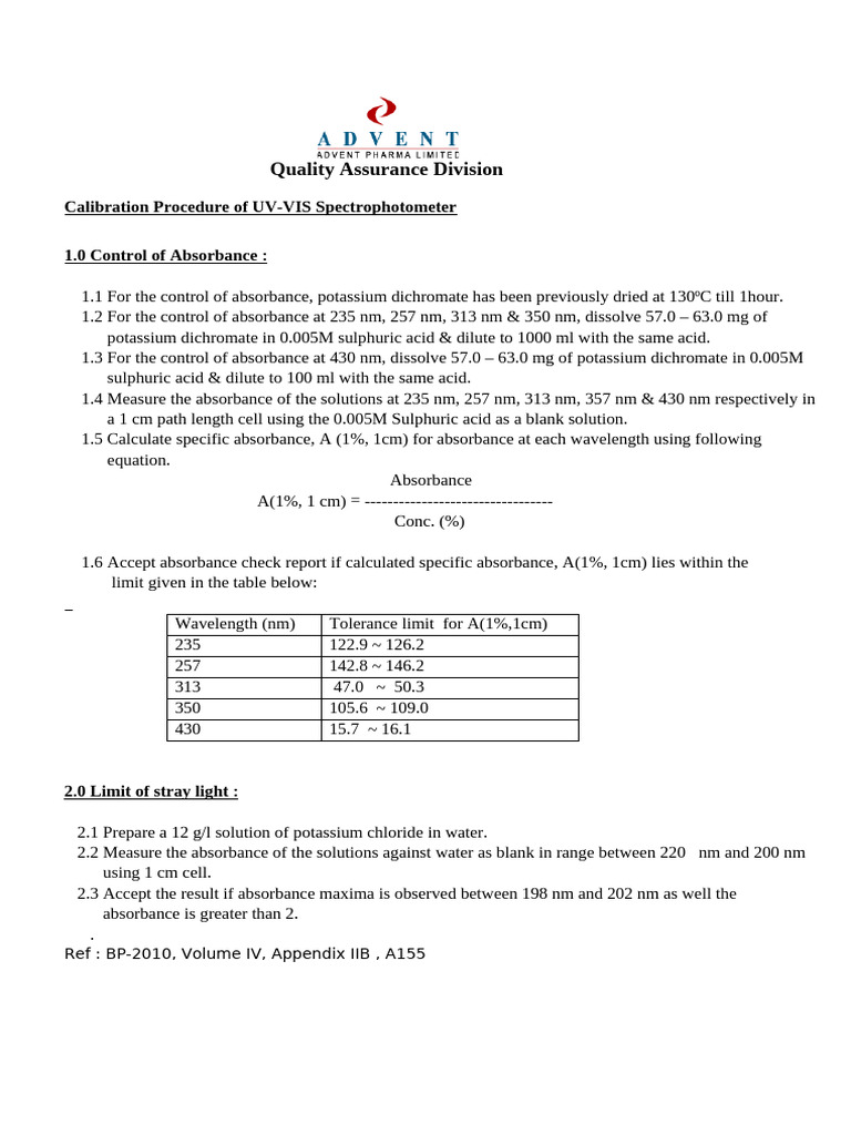 UV-VIS Spectrophotometer Calibration Guide | PDF