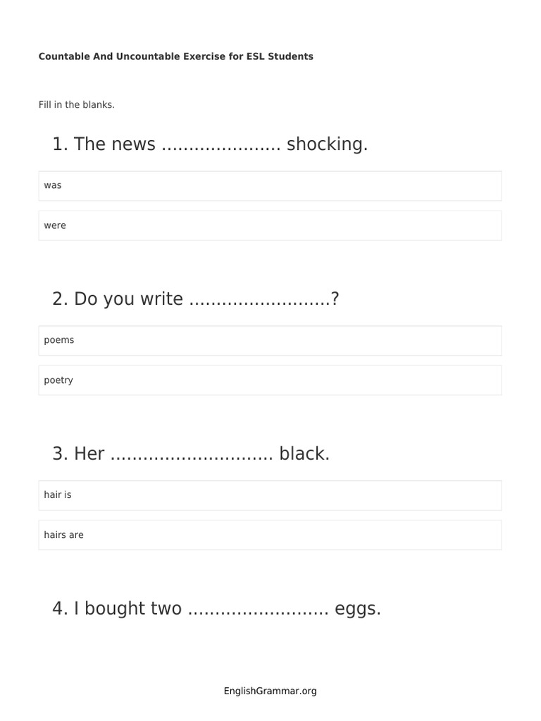 Countable and Uncountable Exercise For ESL Students | PDF