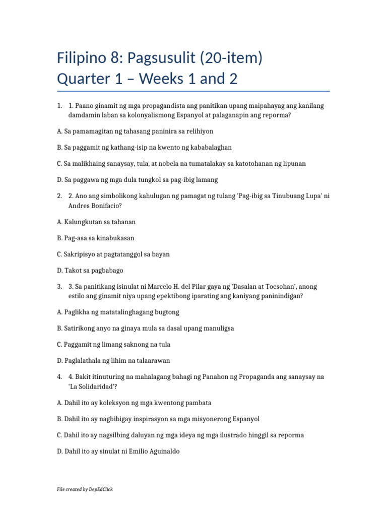 Filipino8 Quiz Q1 W1 W2 Unique | PDF