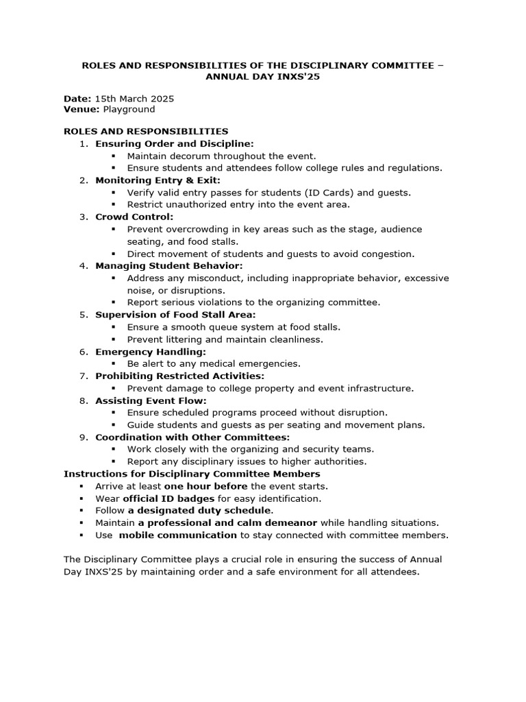 Disciplinary Committee Roles for INXS'25 | PDF