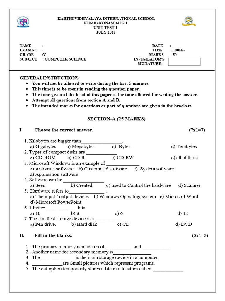 Computer Science Unit Test - Grade V | PDF | Computer File | Computer ...