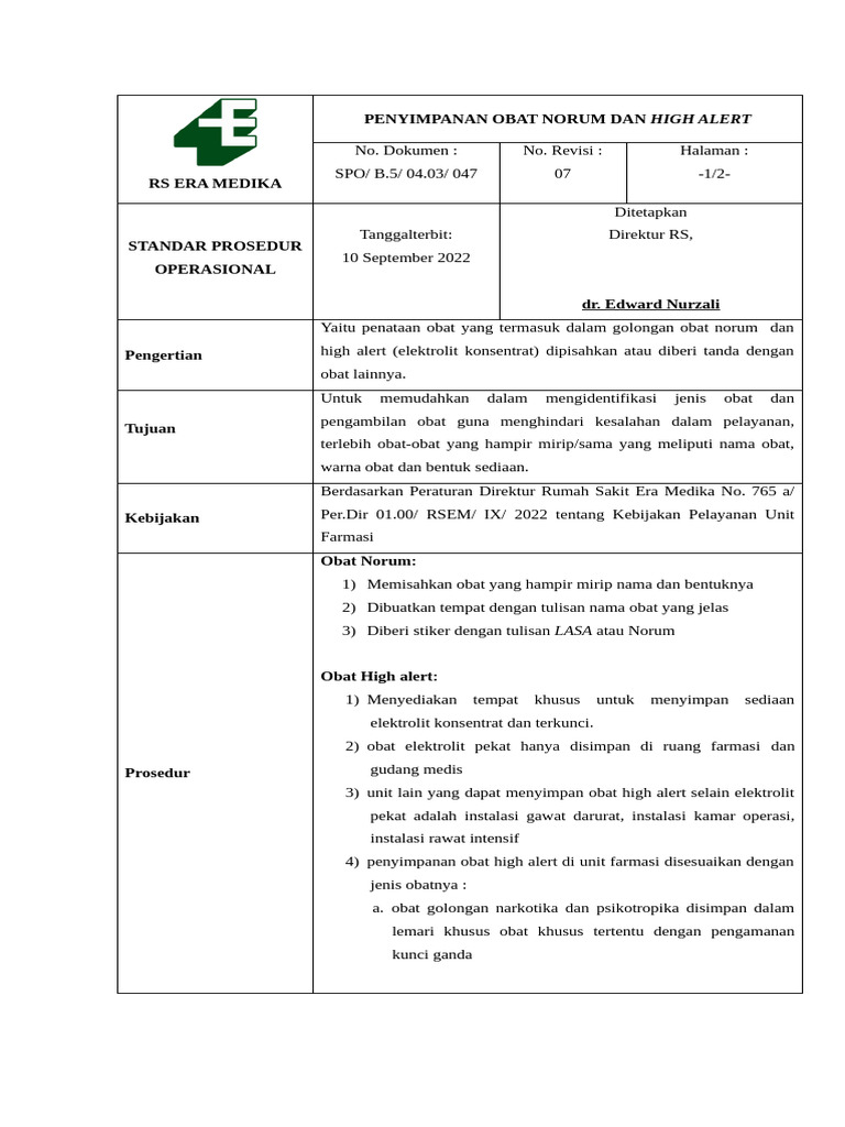 Sop Penyimpanan Obat Norum & High Alert | PDF