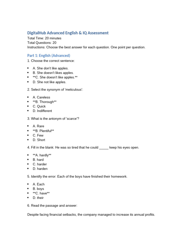 Advanced English & IQ Test | PDF