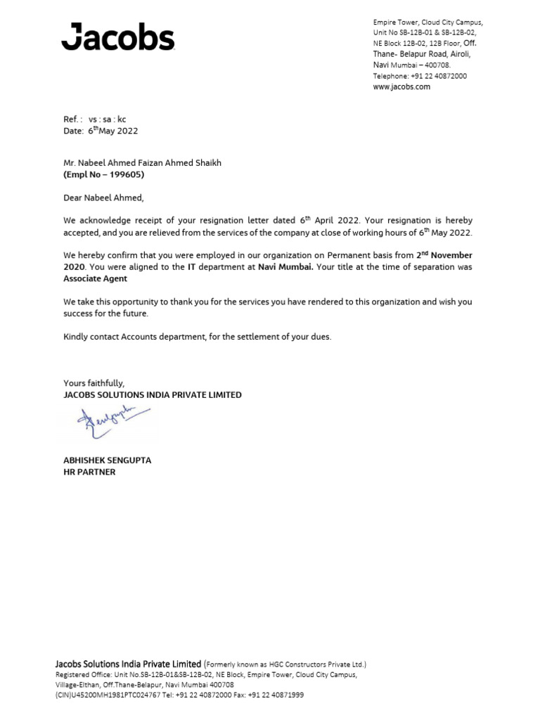 Resignation Acceptance Letter - Jacobs Solutions | PDF