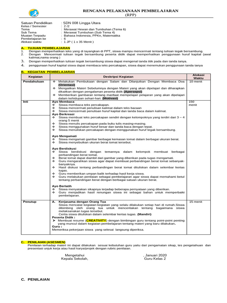 RPP 1L Rev2020 Kelas 2 Tema 6.4.6 (Ref Buku Tematik2 Kemdikbud Revisi 2017) | PDF