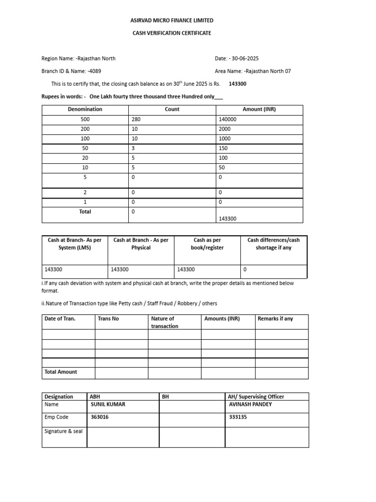 Cash Verification Certificate Format | PDF | Cash | Economies