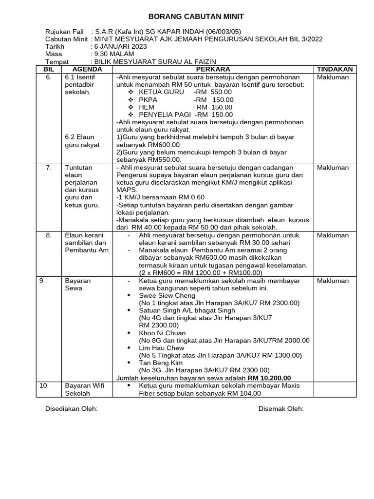 Borang Cabutan Minit Baru | PDF