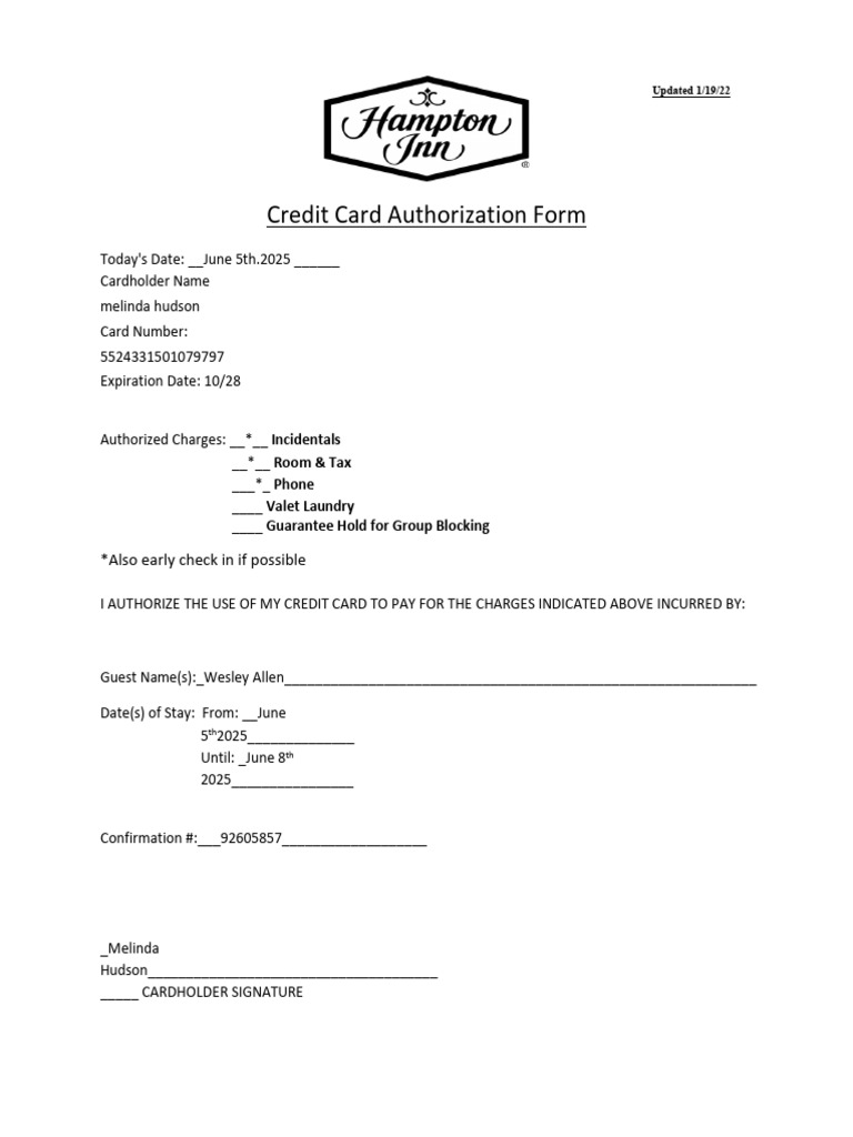 Hampton Inn CCAuthorization Form 22 | PDF