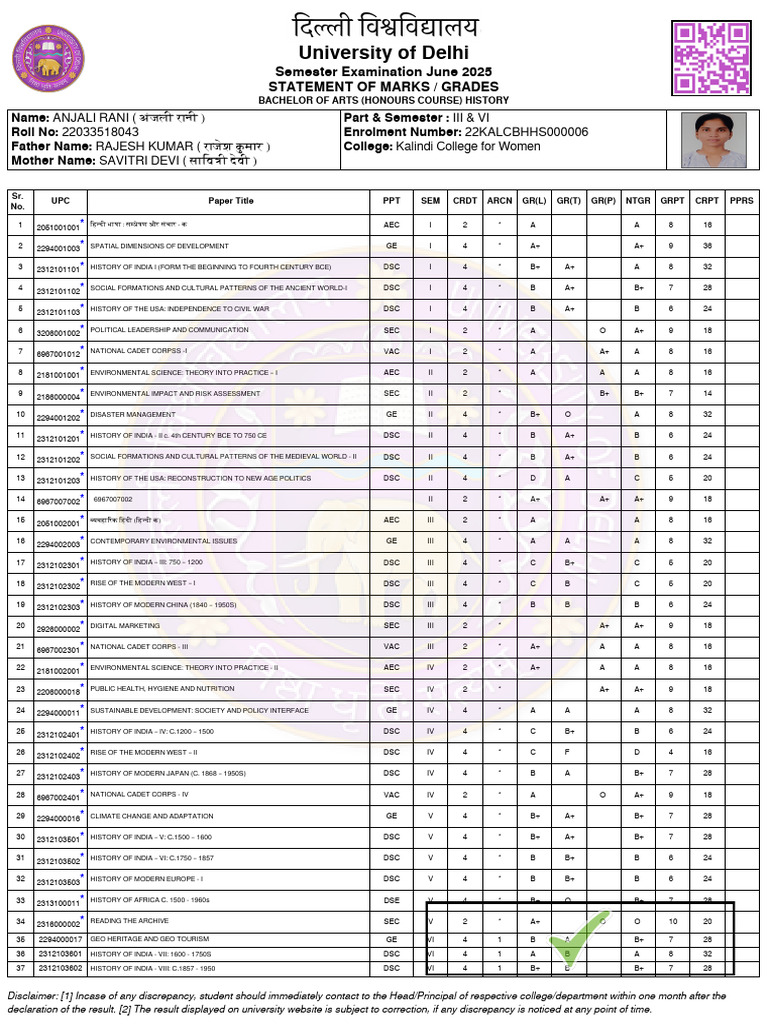 University of Delhi: Semester Examination June 2025 Statement of Marks ...