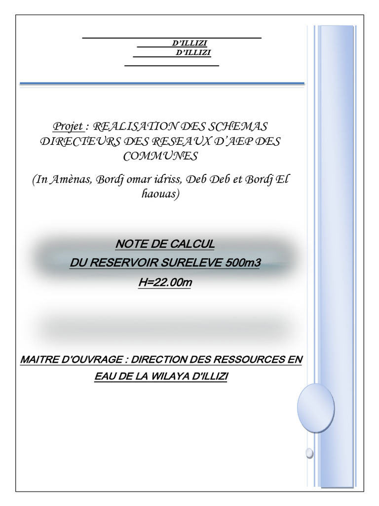 NOTE DE CALCUL - RESERVOIR SURELEVE - 500m3 - H 22.00m | PDF | Béton ...