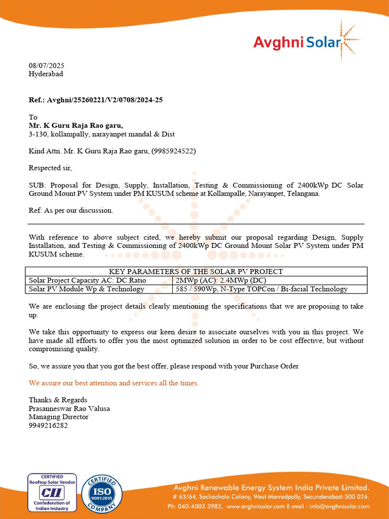 V2 - 2.4 MWP K Guru Raja Rao Ground Mount Solar System Quotation | PDF ...