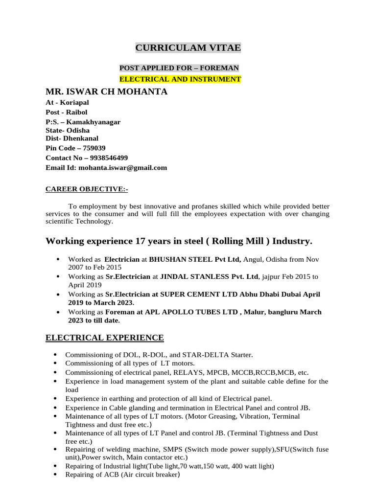 Foreman CV: Electrical & Instrument Expertise | PDF | Instrumentation ...