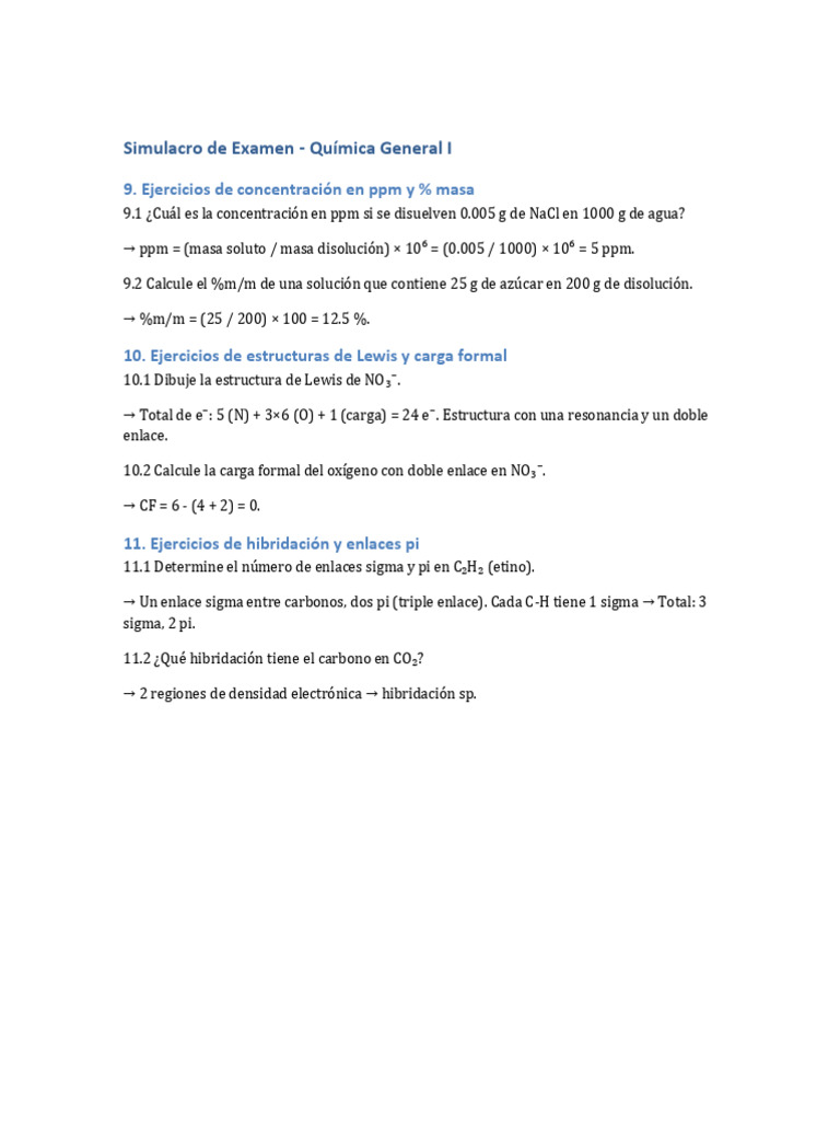 Simulacro Examen Quimica General Completo | PDF | Concentración | Enlace químico