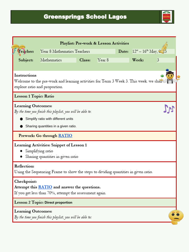 Year 8 Playlist Pre-Work Term 3 Week 3 | PDF | Ratio | Mathematics