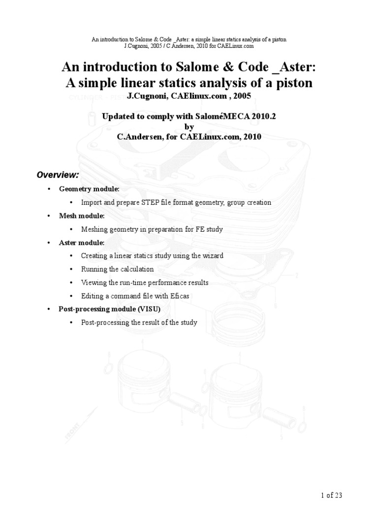 An Introduction To Salome & Code - Aster: A Simple Linear Statics Analysis of A Piston | PDF ...