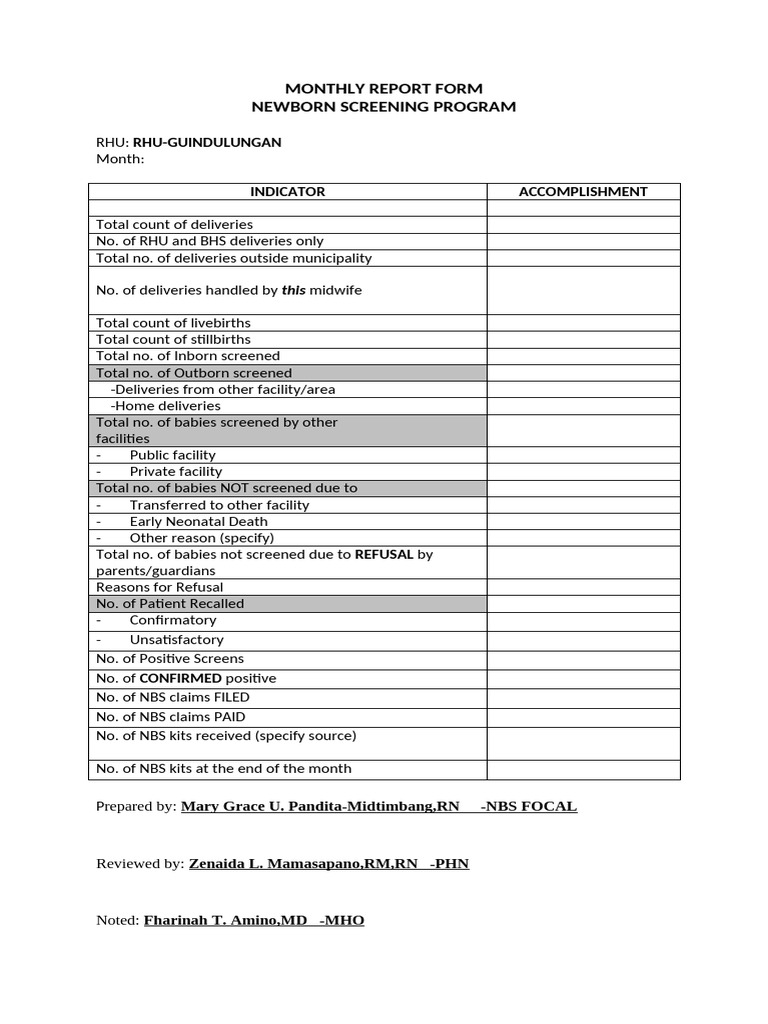 Monthly Newborn Screening Report | PDF