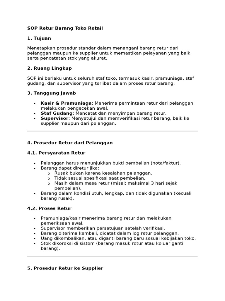 Prosedur SOP Retur Barang Toko Retail | PDF