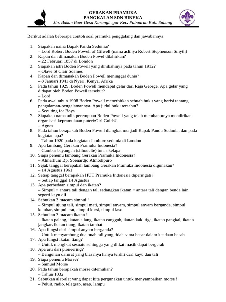 Soal Pramuka Penggalang Dan Jawabannya | PDF