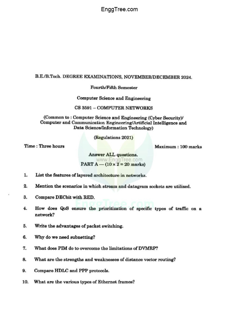 CS3591 Computer Networks Nov Dec 2024 Question Paper Download | PDF