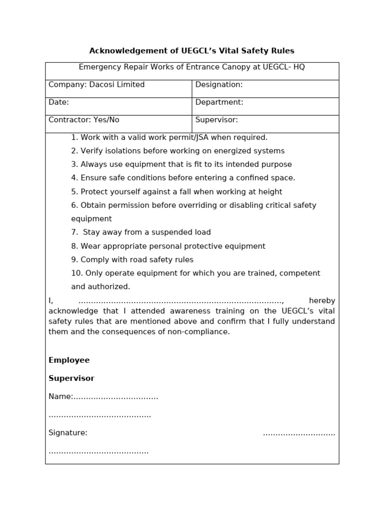 VITAL SAFETY RULES, Acknowledgement Form - 02 | PDF