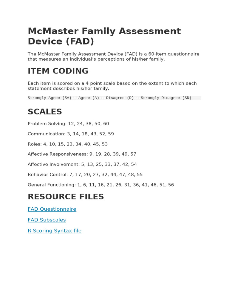 McMaster Family Assessment Device (FAD) Psychometrics | PDF