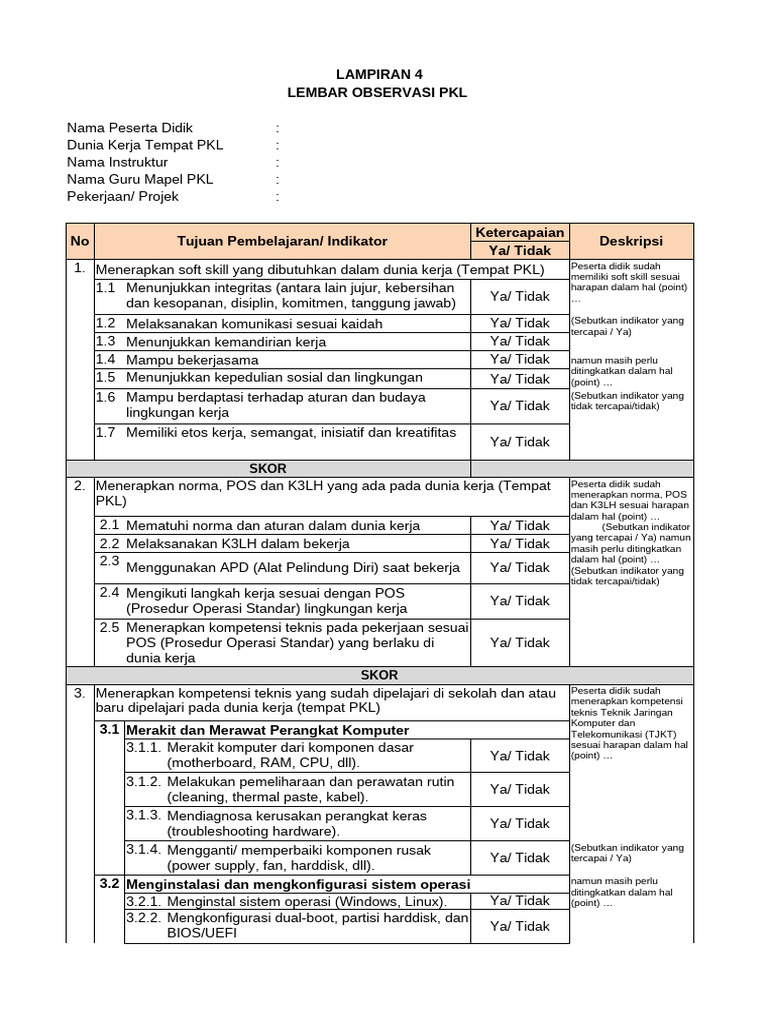 Lembar Observasi PKL TJKT | PDF