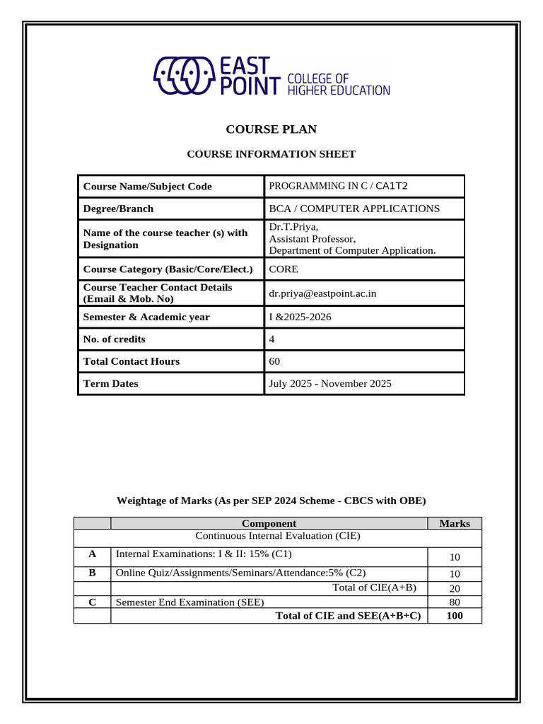 Course Plan With Lesson Plan (C) - 2025 | PDF | Pointer (Computer Programming) | Control Flow