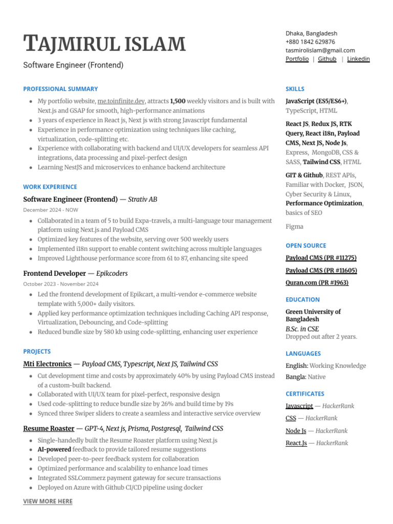 Tajmirul Islam - Frontend Developer | PDF | Software | Systems Architecture