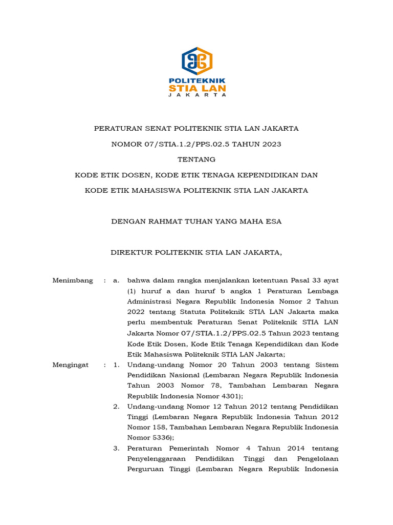 Peraturan Senat Kode Etik Dosen Tendik Dan Mahasiswa 2023 | PDF