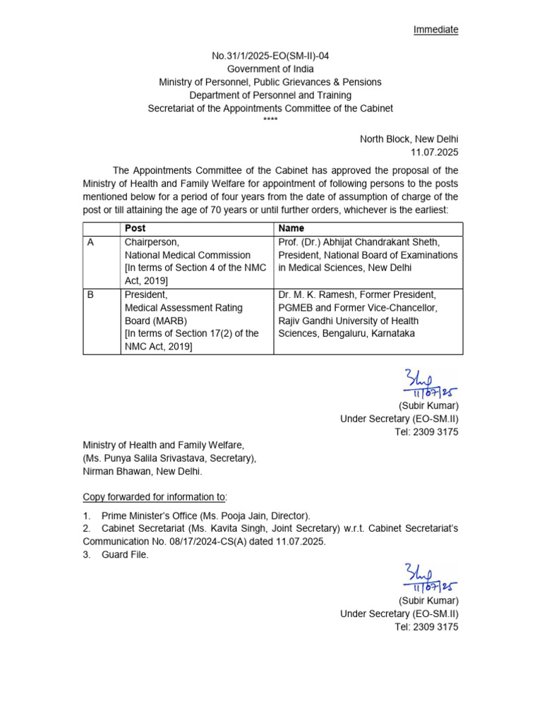 NMC Chairperson Appointment Notice | PDF | Government | Government Of India