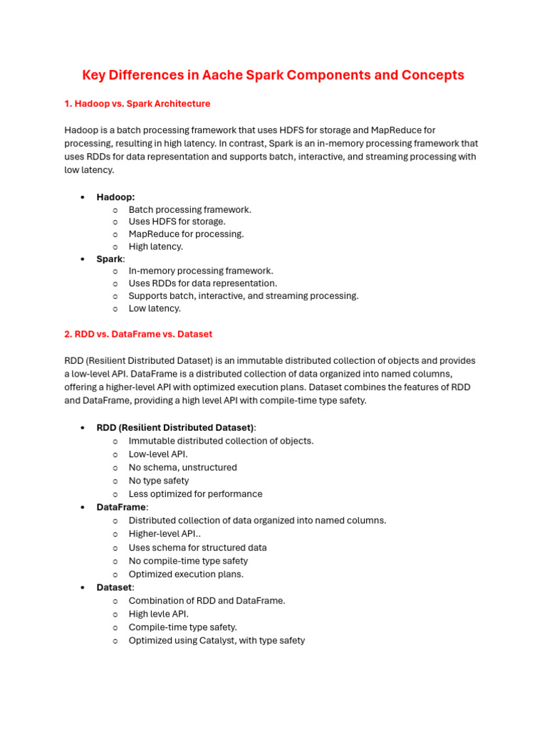 Key Differences in Aache Spark Components and Concepts | PDF | Apache Spark | Map Reduce