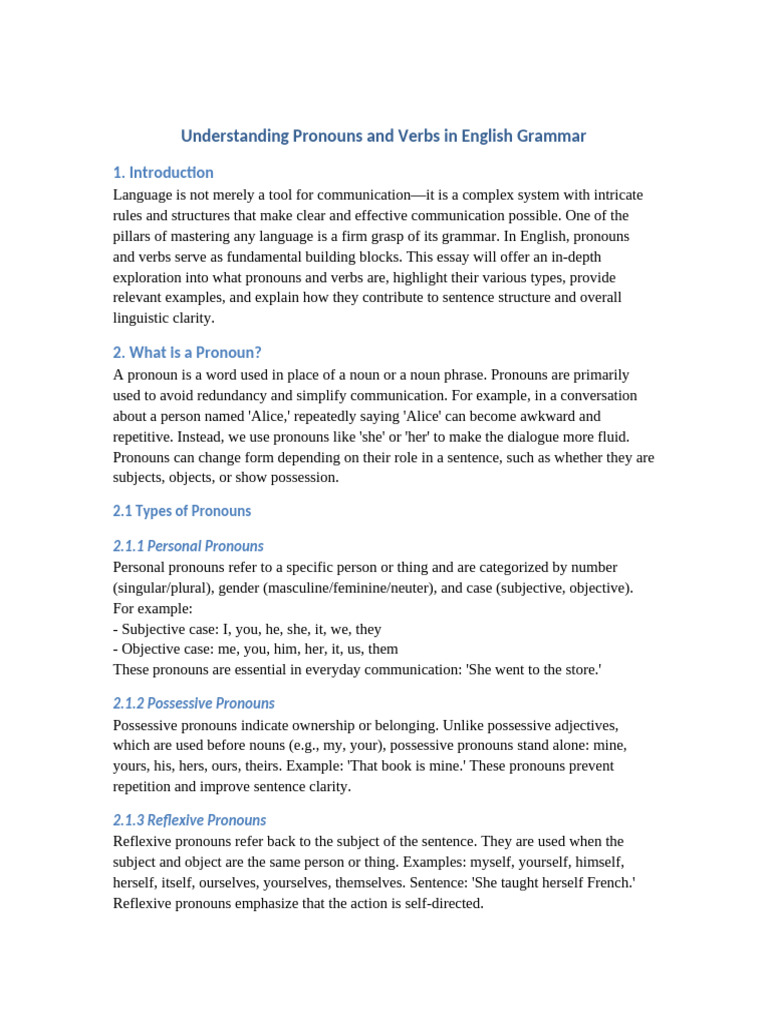 Pronouns and Verbs Essay Comprehensive | PDF | Verb | Pronoun