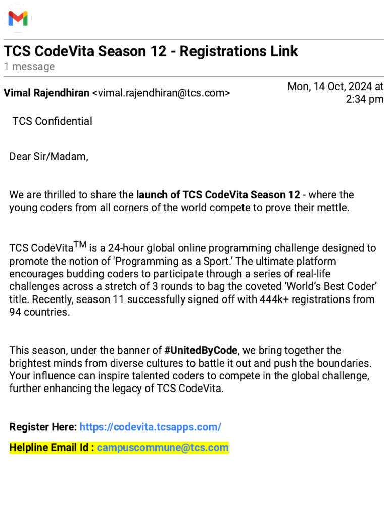 Gmail - TCS CodeVita Season 12 - Registrations Lin - 241014 - 151212 | PDF