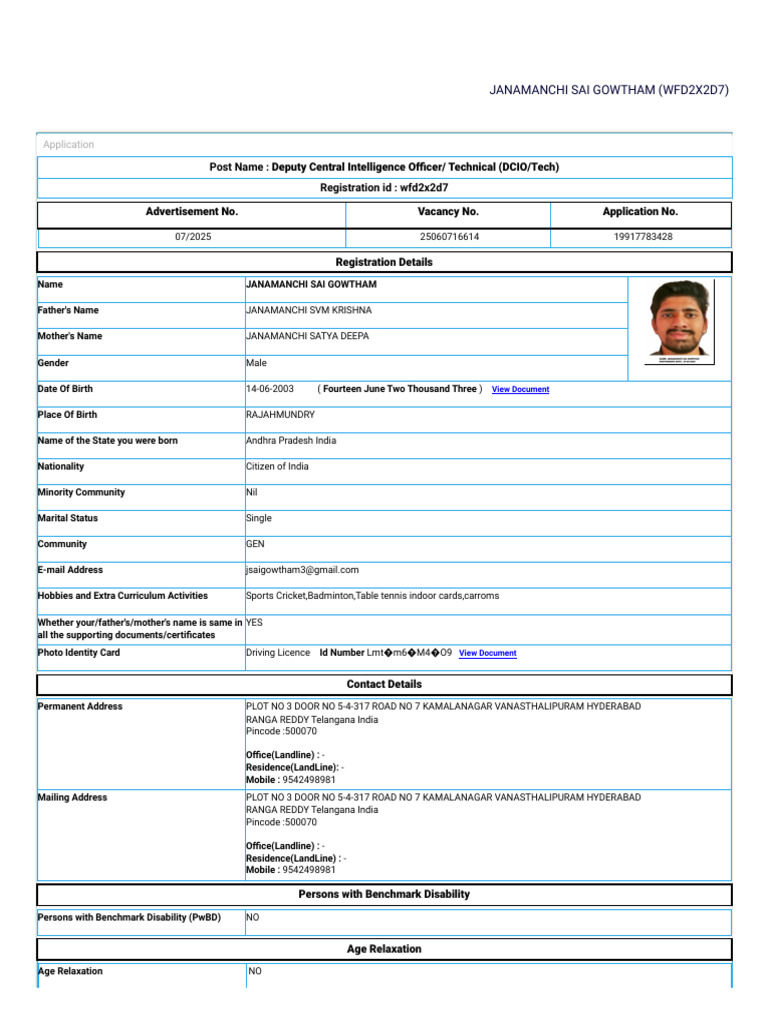 UPSC DCIO/Tech Application Details | PDF | Justice | Crime & Violence
