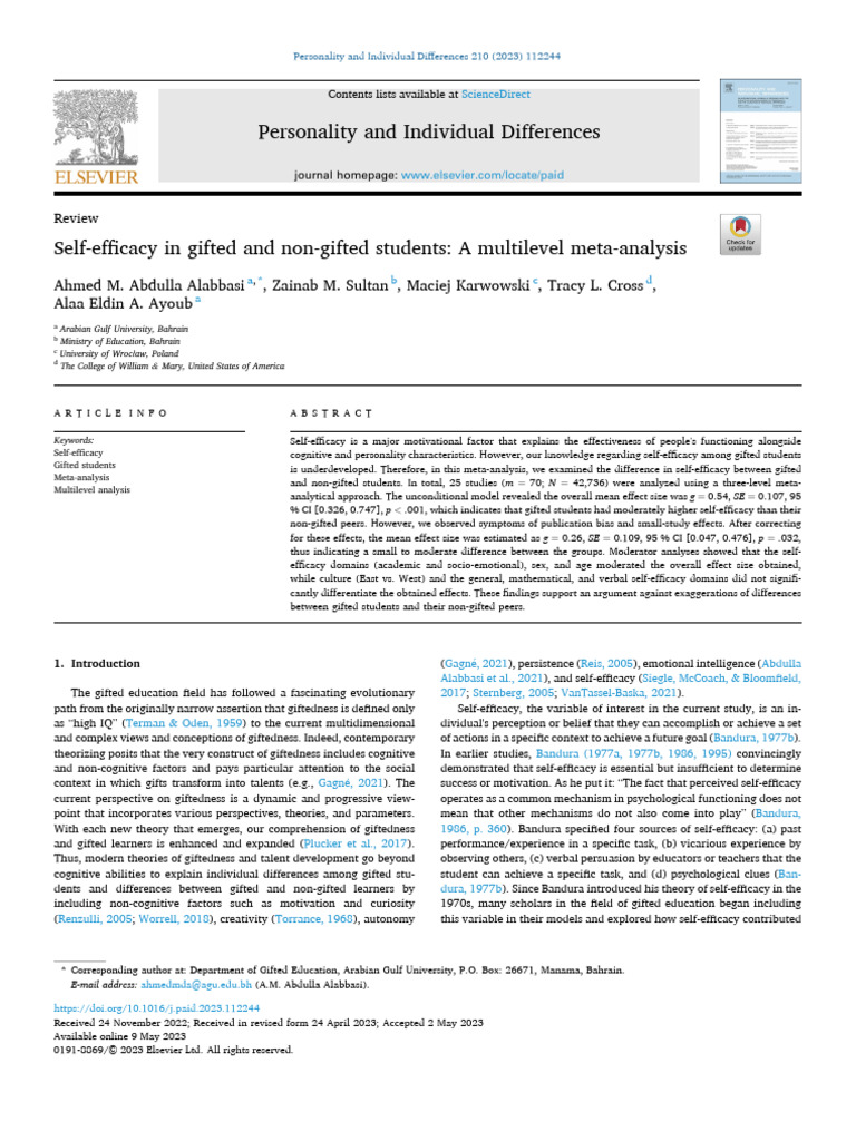 Self-Efficacy in Gifted and Non-Gifted Students A Multilevel Meta Analysis | PDF | Cognition ...