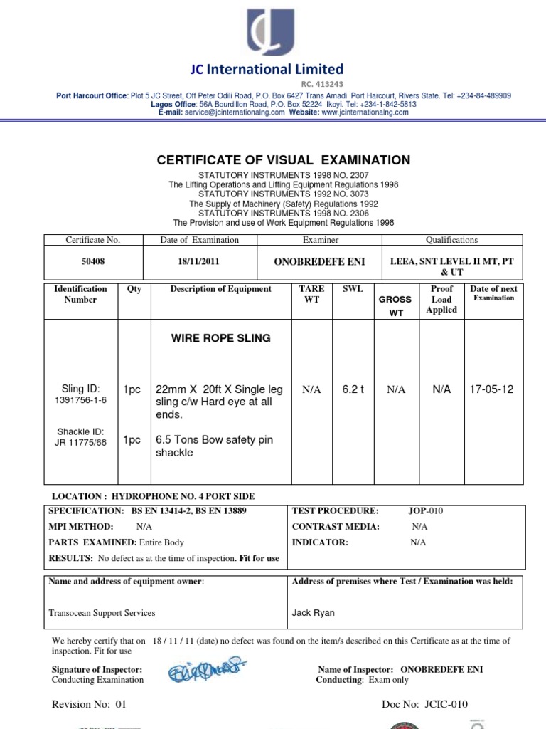 International Limited: Certificate of Visual Examination | PDF | Test ...