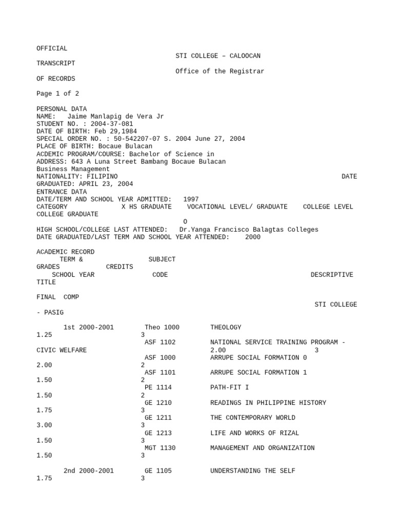 STI College Caloocan Transcript of Records | PDF