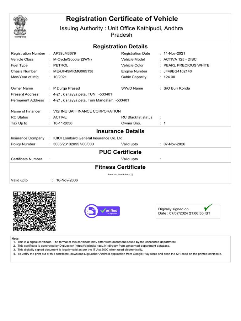 Vehicle Registration Certificate AP39LM3679 | PDF
