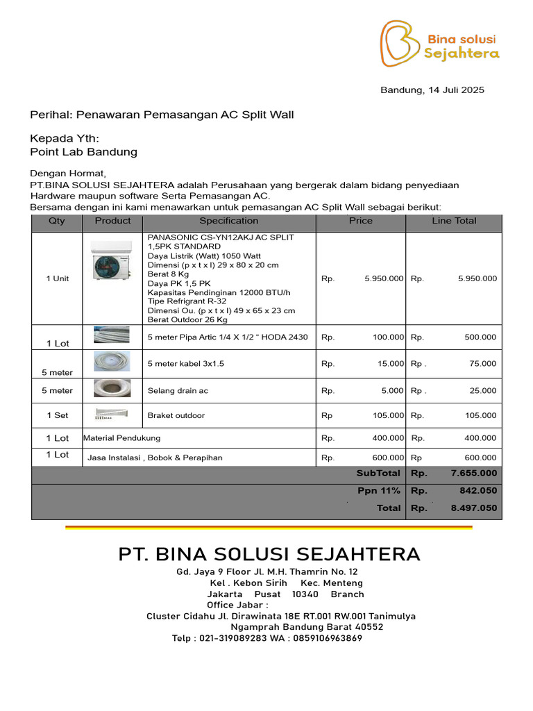 Penawaran Ac Pointlab Lantai 5 | PDF
