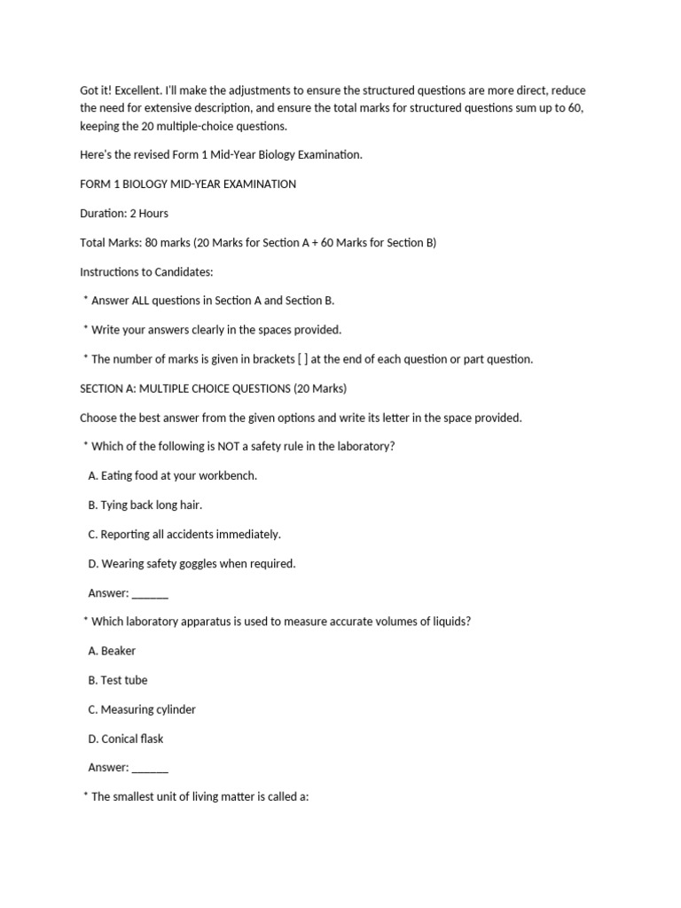 Form 1 Combined Science Mid Year Exam | PDF | Blood | Cell (Biology)