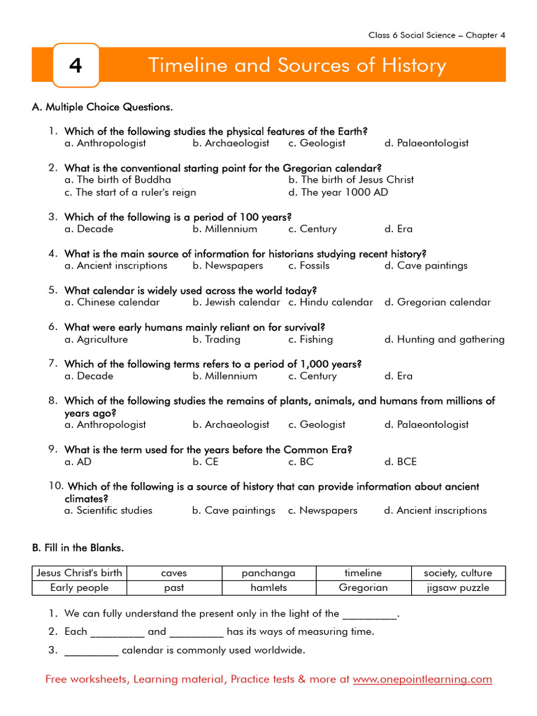 Class 6 Ss CH 4 Timeline and Sources of History Ws - Odt | PDF | Common Era | Anno Domini