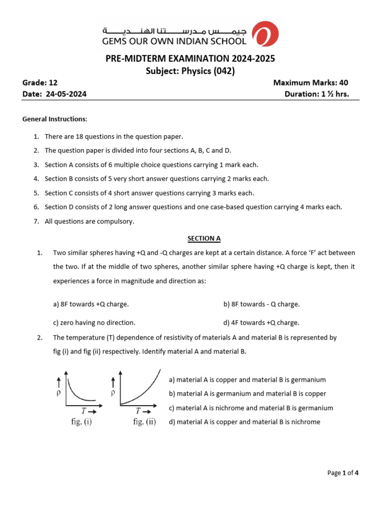 QP Grade 12 Physics Pre-Midterm 2024-25 | PDF | Capacitor | Capacitance