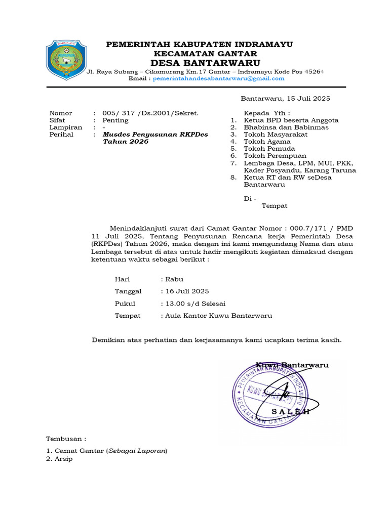 Undangan Musdes RKPDes 2026 Bantarwaru | PDF